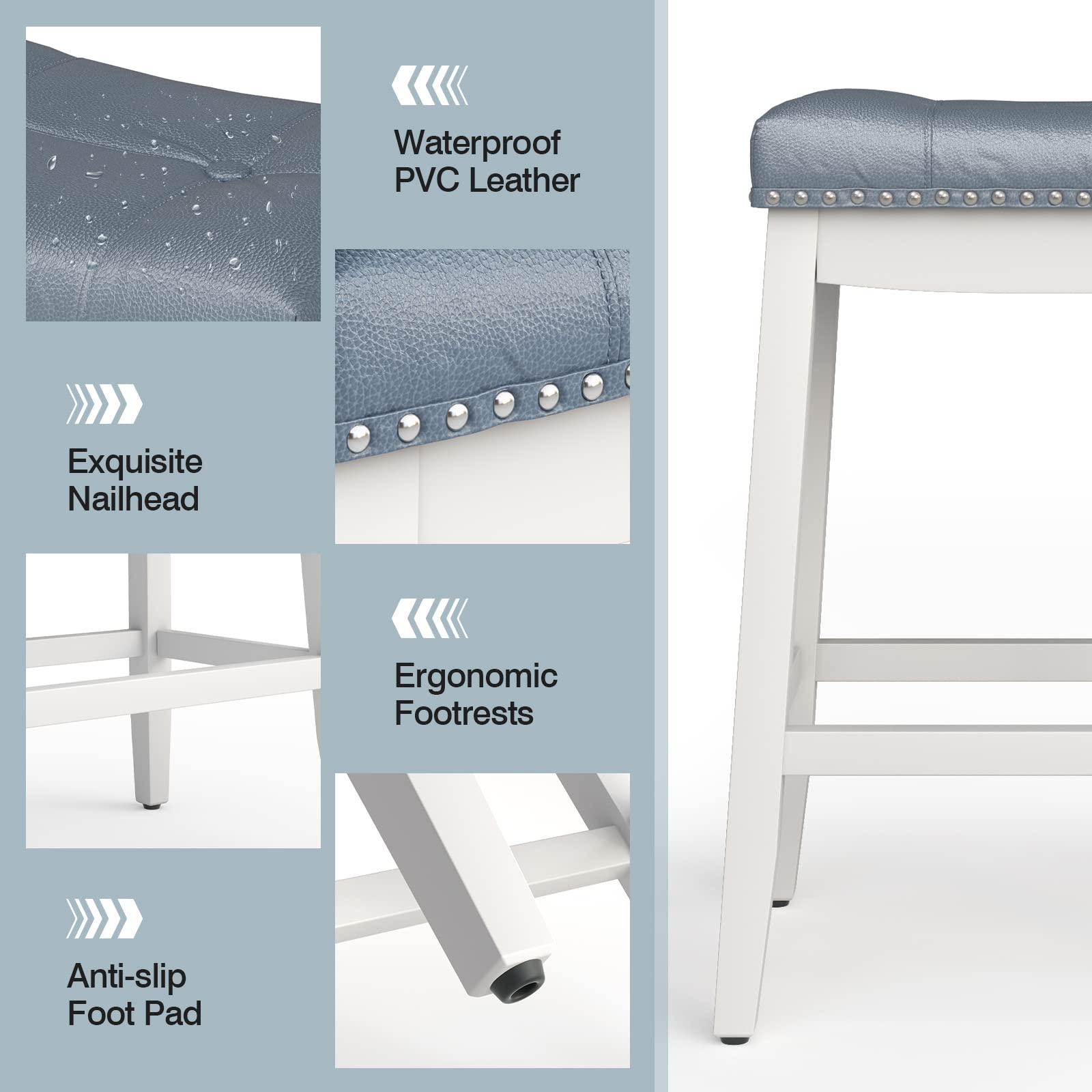 COSTWAY Bar Stools Set of 2, 24-Inch Height Backless Counter Stool with Footrest, Soft Seat Cushion, Wood Legs and Non-Slip Foot Pad, Saddle Stools for Home Kitchen Living Room, Stone Gray+White
