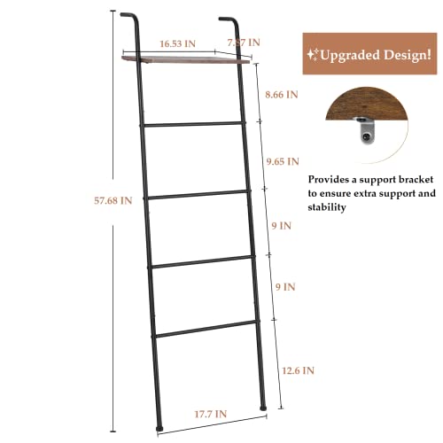 Blanket Ladder Towel Ladder, Wall Leaning Metal Blanket Ladders with Shelf for The Living Room, Black Towel Ladder Rack for Bathroom