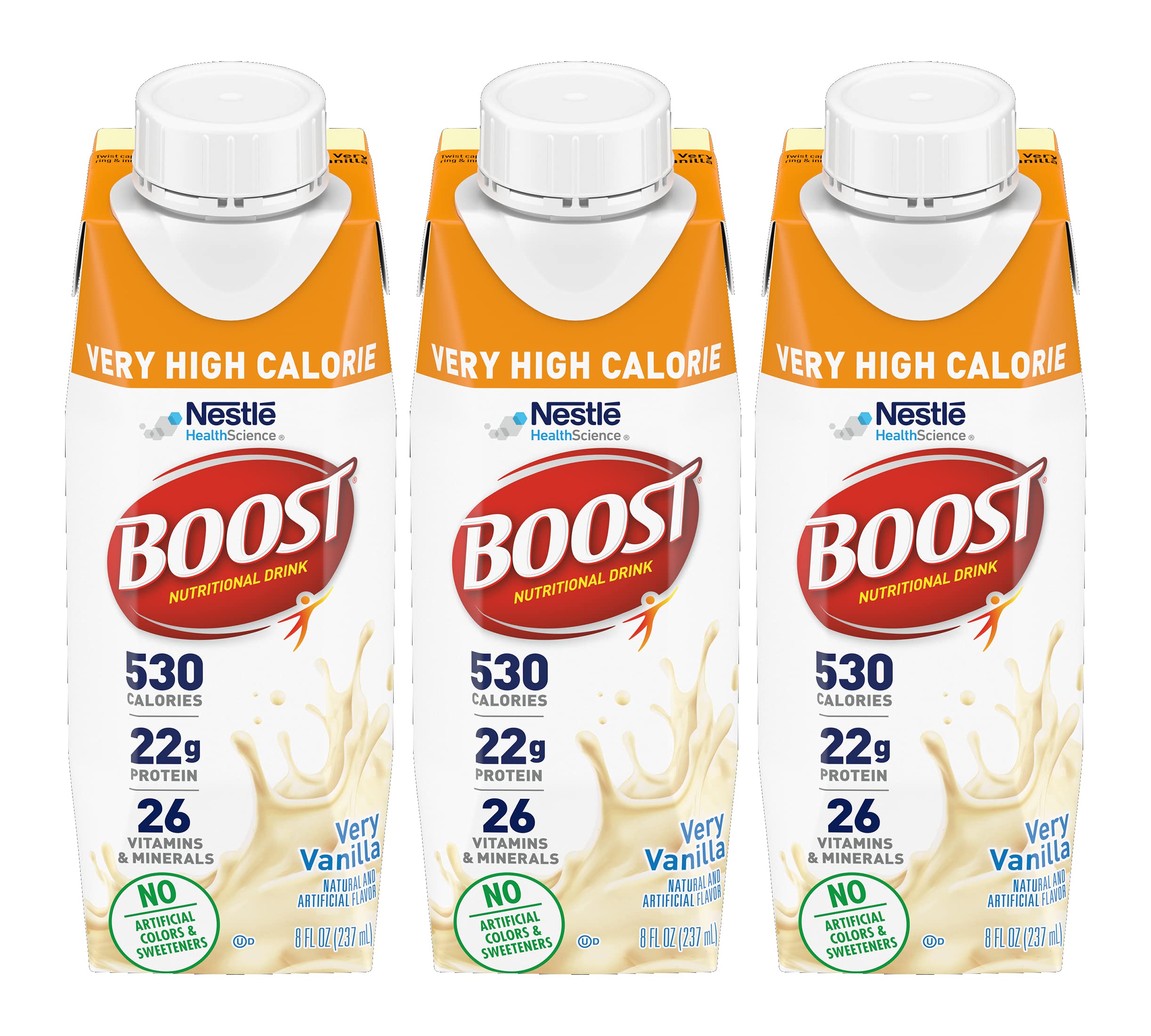 Boost Very High Calorie Nutritional Drink Very Vanilla, Made with Natural Vanilla Flavor & No Artificial Flavors, Colors & Sweeteners, 8 FL OZ (Pack of 3)