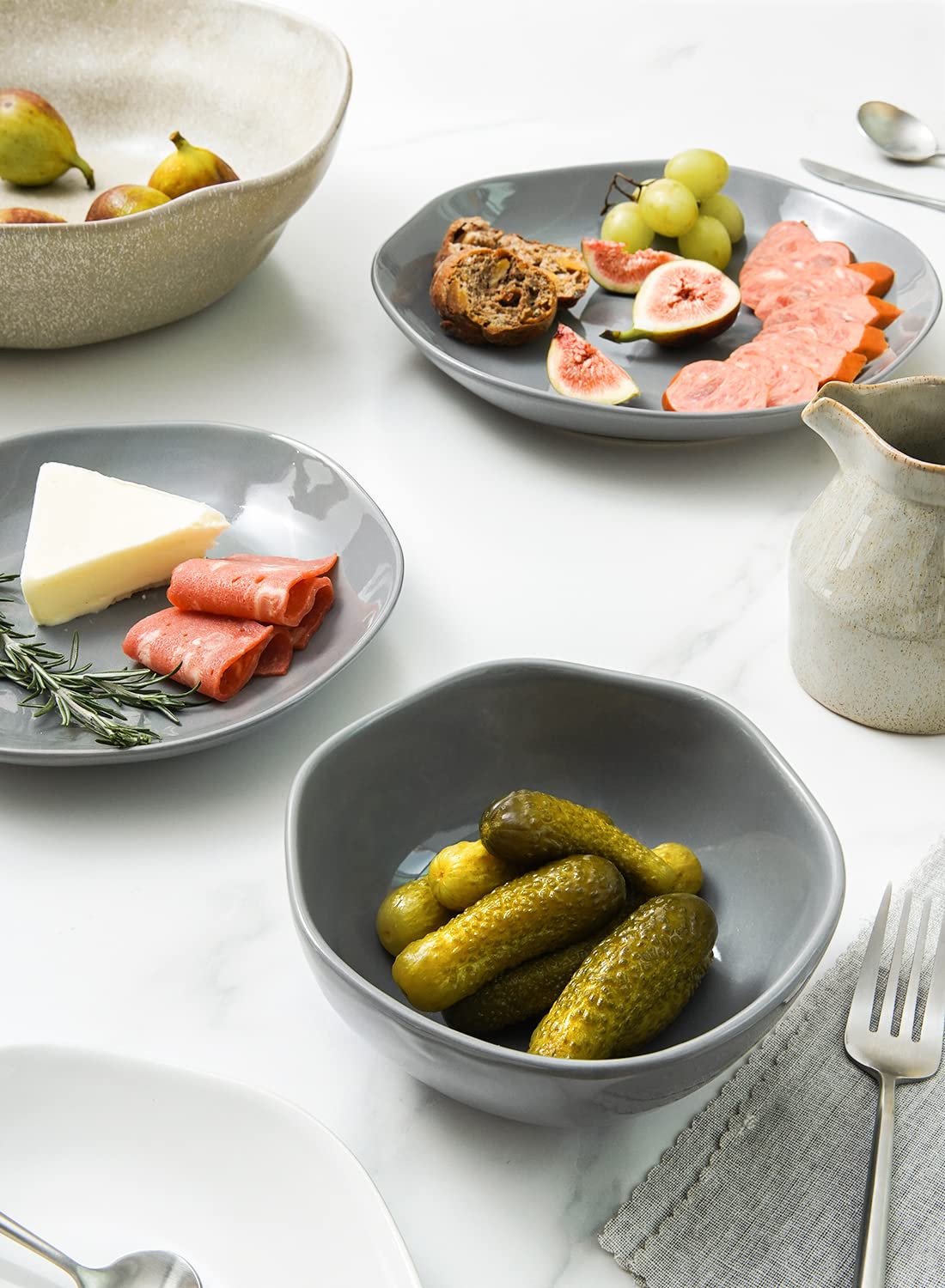 LE TAUCI Dinnerware Sets 12 Piece, Serve for 4, Ceramic Plates and Bowls Set (10" Dinner Plates + 8" Salad Dish + 22 oz Bowl) x 4, Suit For House Warming Wedding, Dishwasher Microwave Oven safe - Grey