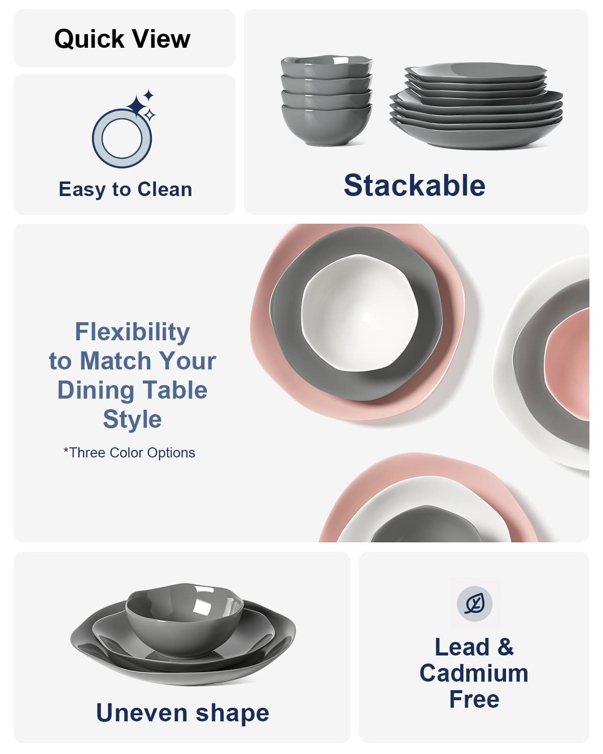 LE TAUCI Dinnerware Sets 12 Piece, Serve for 4, Ceramic Plates and Bowls Set (10" Dinner Plates + 8" Salad Dish + 22 oz Bowl) x 4, Suit For House Warming Wedding, Dishwasher Microwave Oven safe - Grey