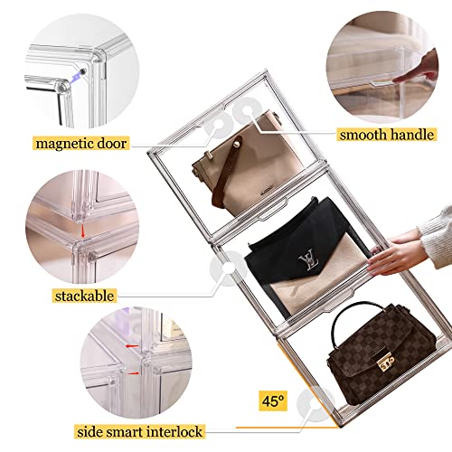 Attelite Plastic Purse and Handbag Storage Organizer for Closet, Clear Acrylic Display Case with Magnetic Door for Wallet, Book, Cosmetic, Toys, Clutch Organization 3 Pack