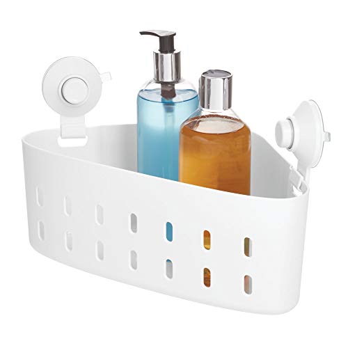 iDesign Cade BPA-Free Plastic Corner Storage Organizer 2 Push Lock Cups for Bathroom Shower/Tub, 7.52" x 12" x 7.32", Suction Basket