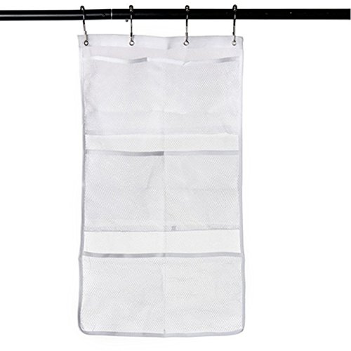2 Pack Mesh Shower Organizer Hanging Mesh Pockets Bathroom Caddy 6 Pockets Hang Curtain Rod with 4 Rings, Shampoo Shower Organizer, Quick Dry, Space Saving