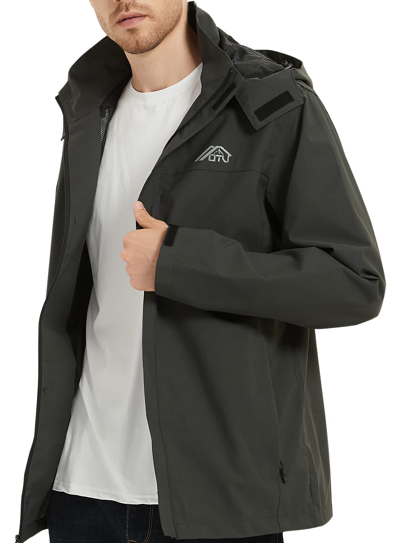 OTU Men's Lightweight Waterproof Hooded Rain Jacket Outdoor Raincoat Shell Jacket for Hiking Travel Darkgrey M