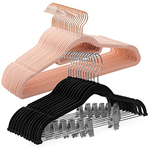SONGMICS Velvet Coat Hangers Bundle with Pants Hangers, Non-Slip, Wrinkle-Free, Space-Saving, Durable, for Coat, Shirt, Dress, Trousers, Skirts, Scarves UCRF21PK50 and UCRF12B30