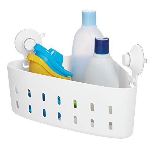 iDesign Cade BPA-Free Plastic Corner Storage Organizer 2 Push Lock Cups for Bathroom Shower/Tub, 7.52" x 12" x 7.32", Suction Basket