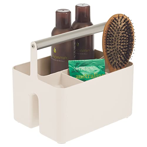 mDesign Plastic Shower Caddy Storage Organizer Utility Tote, Divided Basket Bin - Metal Handle for Bathroom, Dorm, Kitchen, Holds Soap, Shampoo, Conditioner - Aura Collection - Cream/Beige/Satin