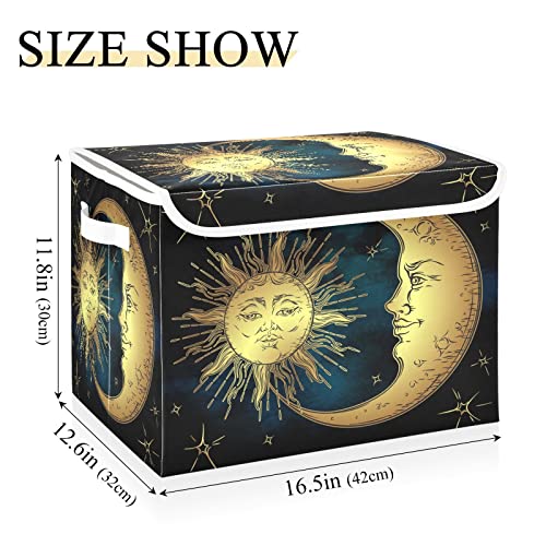 Krafig Boho Chic Golden Sun Moon Foldable Storage Box Large Cube Organizer Bins Containers Baskets with Lids Handles for Closet Organization, Shelves, Clothes, Toys