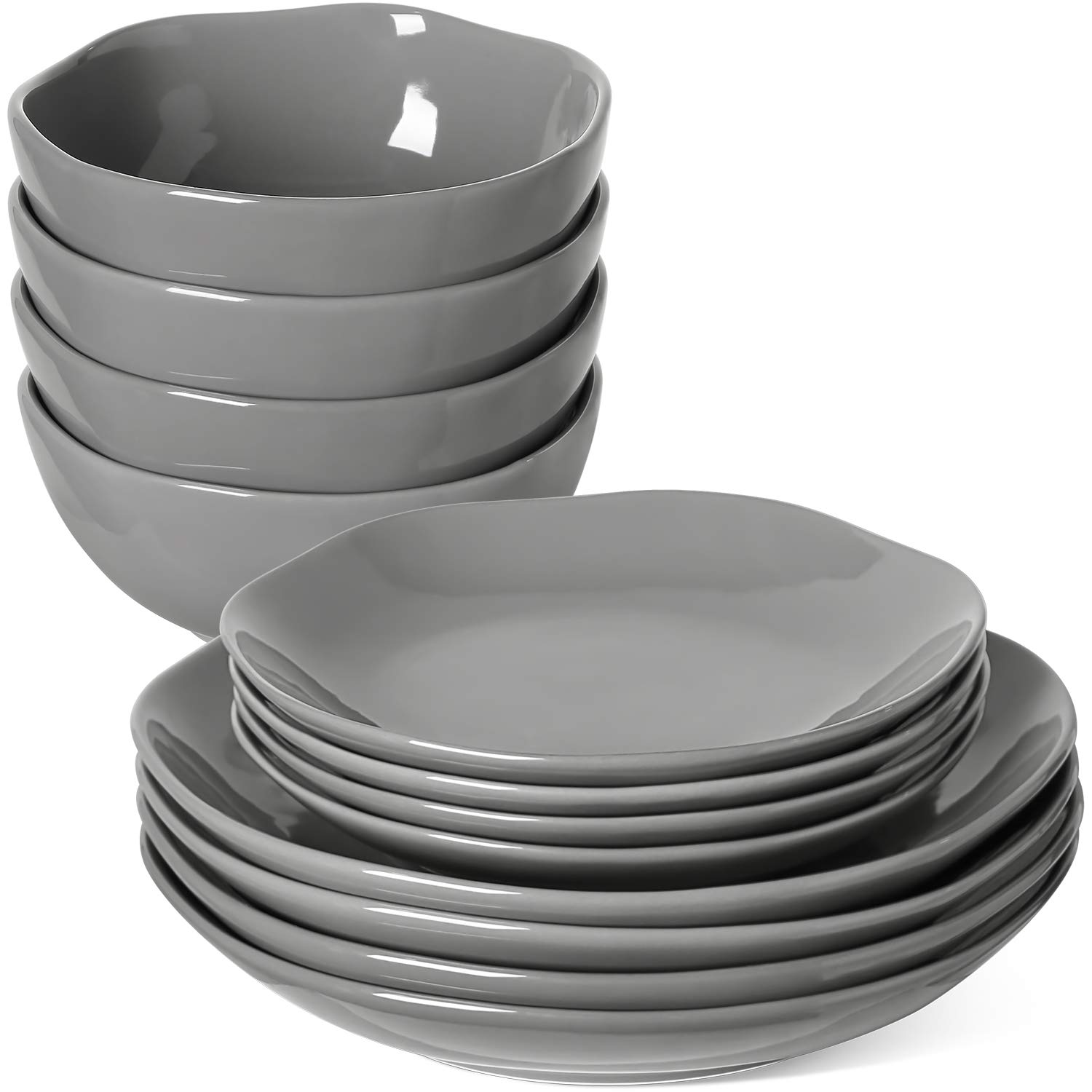 LE TAUCI Dinnerware Sets 12 Piece, Serve for 4, Ceramic Plates and Bowls Set (10" Dinner Plates + 8" Salad Dish + 22 oz Bowl) x 4, Suit For House Warming Wedding, Dishwasher Microwave Oven safe - Grey