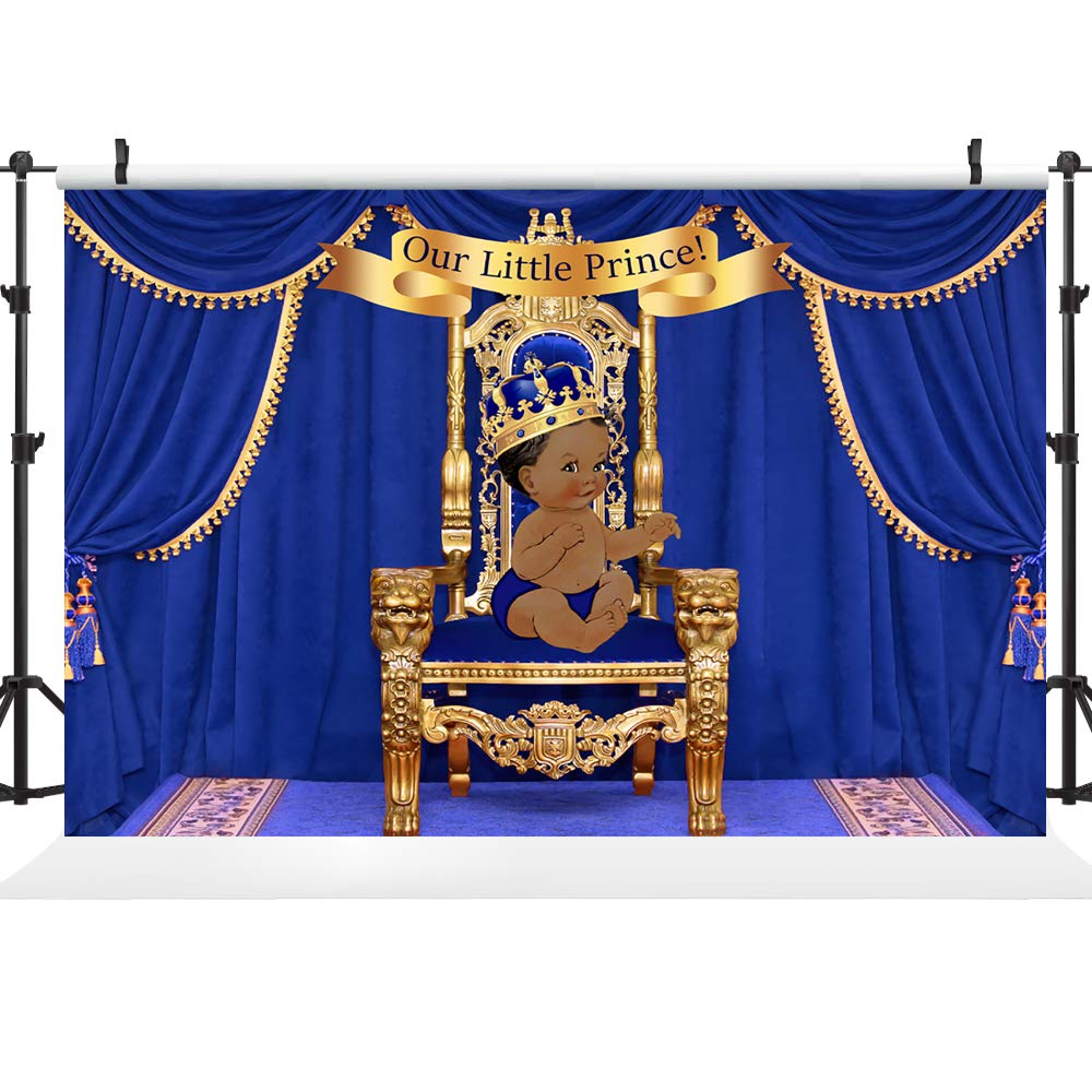 5×3ft Royal Little Prince Boy King Baby Shower Backdrop Blue Curtain Gold Crown Theme Party Banner Decorations Ethnic Black Boys Newborn 1st Birthday Cake Table Supplies Portrait Shooting Photo Props