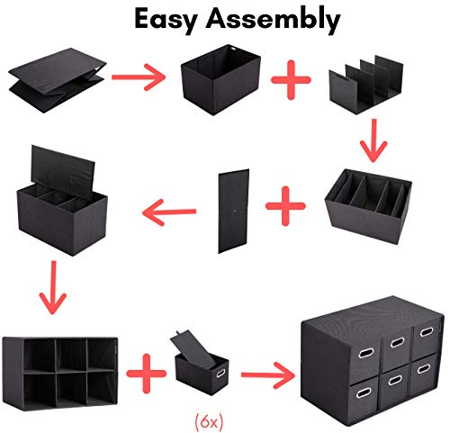 BIRDROCK HOME Black Linen Cube Organizer Shelf with 6 Storage Bins – Strong Durable Foldable Shelf – Kid Toy Clothes Towels Cubby – Collapsible Bedroom Fabric Shelves and Cubes