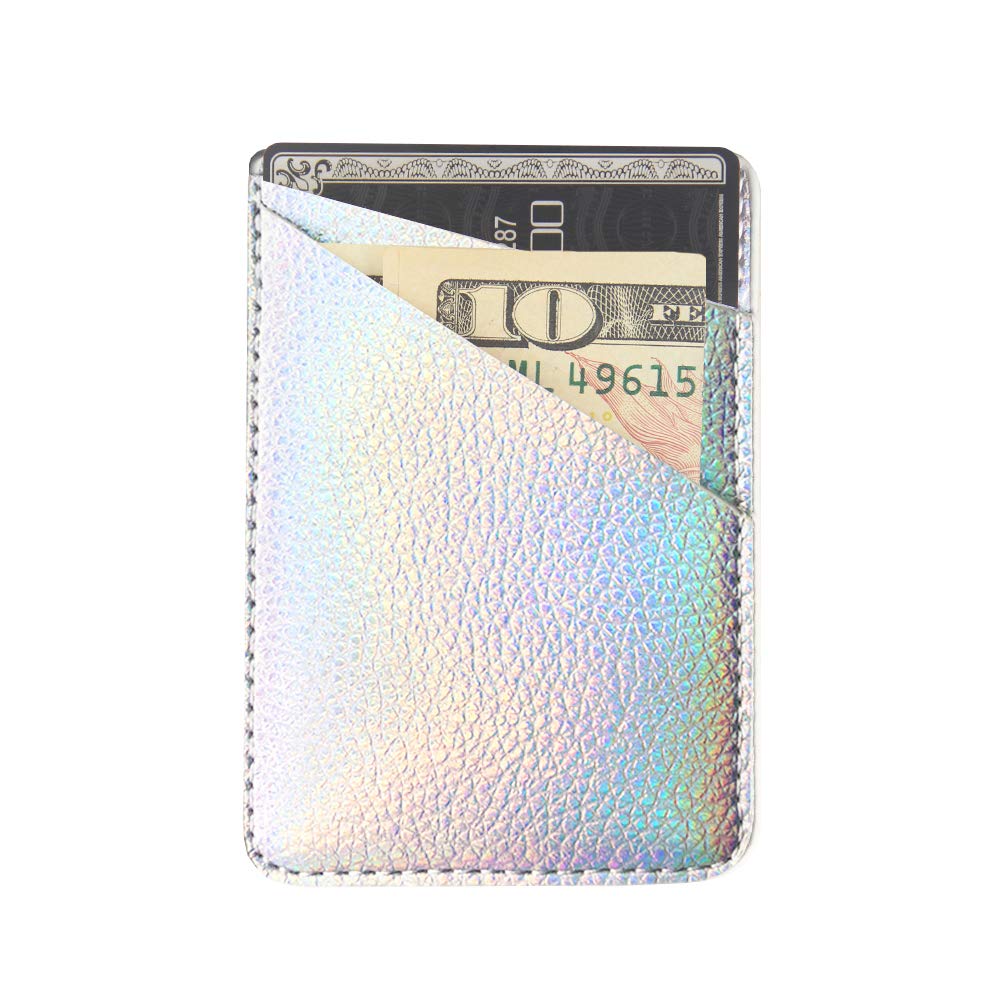 Obbii Metallic Gold PU Leather Card Holder for Back of Phone with 3M Adhesive Stick-on Credit Card Wallet Pockets for iPhone and Android Smartphones (Silver)