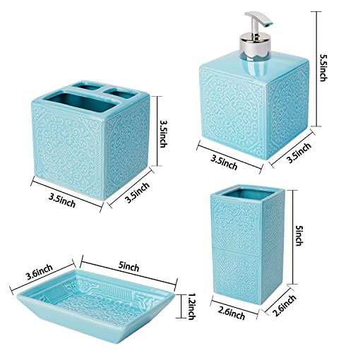 Blue Teal Bathroom Accessory Set,4 Pcs Bathroom Soap Dispenser Set Hand Pump Soap Dispenser, Vanity Countertop Accessory Set-Bathroom Soap Dispenser Set,Toothbrush Holder Set, with Soap Dish,Tumbler.