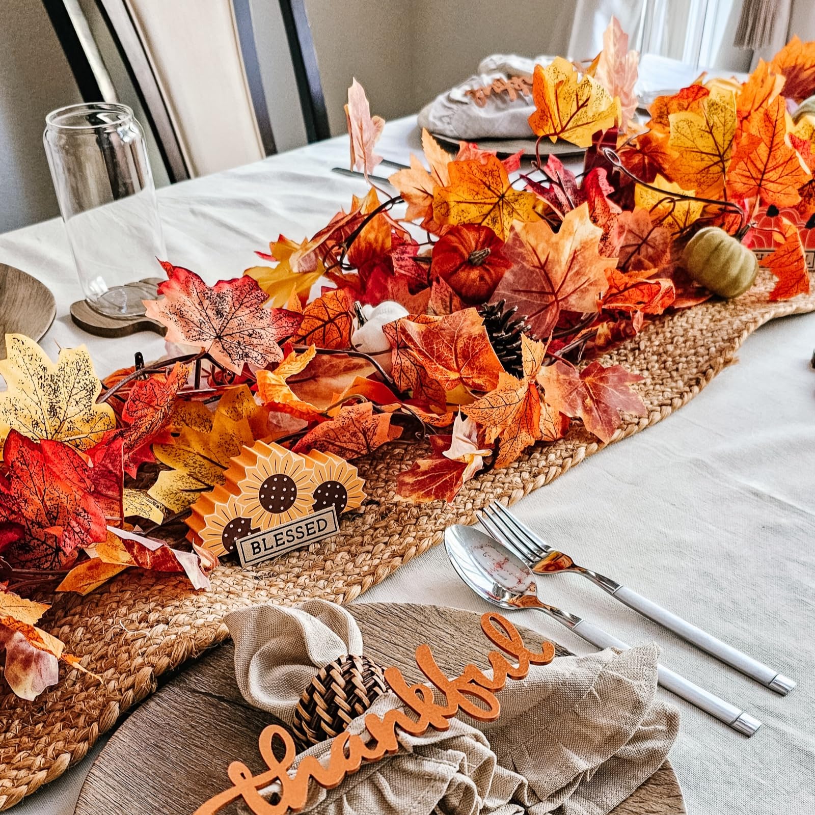 CQURE 2 Pack Fall Leaf Garland, Hanging Vines Garland Artificial Fall Maple Leaves Garland Thanksgiving Decor for Home Wedding Fireplace Party
