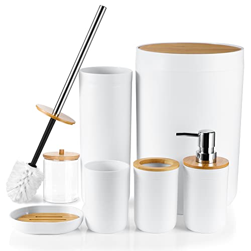 Otostar Bamboo Bathroom Accessory Set 6 Piece Bathroom Accessories Set Plastic Gifts Bath Set with Toothbrush Holder Soap Dispenser Qtip Holder Tumbler Soap Dish Toilet Brush Holder Trash Can (White)