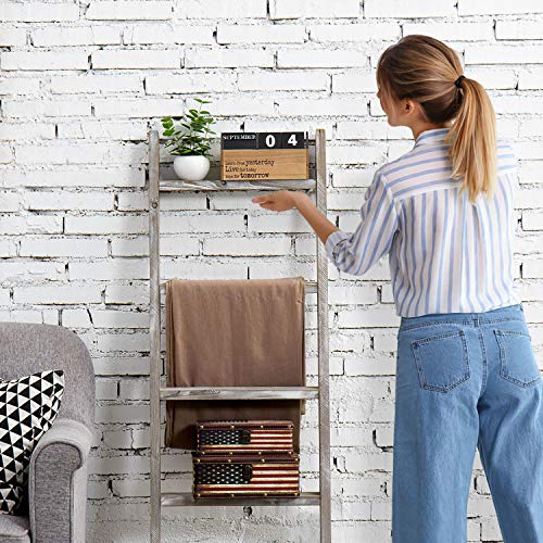 MyGift Gray Washed Wood Decorative Ladder Shelf, 4.5 Foot Wall Leaning Wooden Towel Blanket Ladder Storage Rack for Bathroom or Living Room