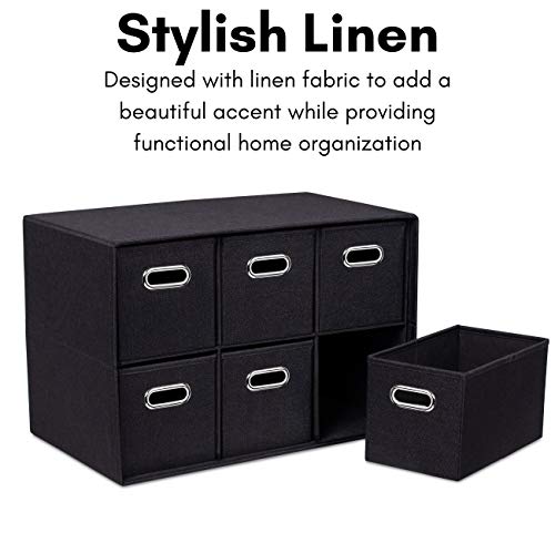 BIRDROCK HOME Black Linen Cube Organizer Shelf with 6 Storage Bins – Strong Durable Foldable Shelf – Kid Toy Clothes Towels Cubby – Collapsible Bedroom Fabric Shelves and Cubes