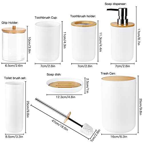 Otostar Bamboo Bathroom Accessory Set 6 Piece Bathroom Accessories Set Plastic Gifts Bath Set with Toothbrush Holder Soap Dispenser Qtip Holder Tumbler Soap Dish Toilet Brush Holder Trash Can (White)