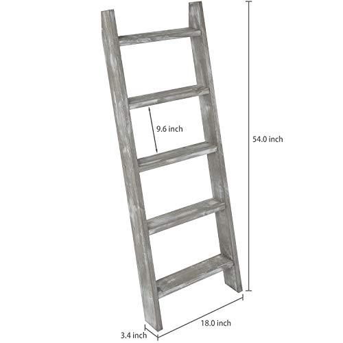 MyGift Gray Washed Wood Decorative Ladder Shelf, 4.5 Foot Wall Leaning Wooden Towel Blanket Ladder Storage Rack for Bathroom or Living Room