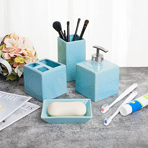Blue Teal Bathroom Accessory Set,4 Pcs Bathroom Soap Dispenser Set Hand Pump Soap Dispenser, Vanity Countertop Accessory Set-Bathroom Soap Dispenser Set,Toothbrush Holder Set, with Soap Dish,Tumbler.