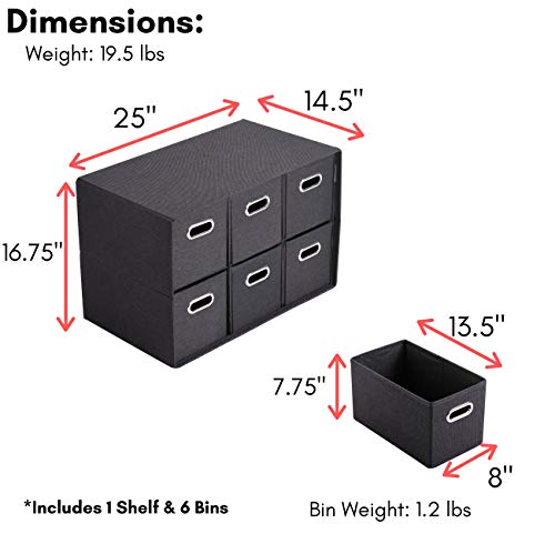 BIRDROCK HOME Black Linen Cube Organizer Shelf with 6 Storage Bins – Strong Durable Foldable Shelf – Kid Toy Clothes Towels Cubby – Collapsible Bedroom Fabric Shelves and Cubes