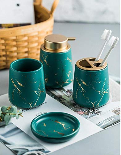 Bathroom Accessories Set ,4 Piece Toothbrush Holder Set Bath Accessories Set with Soap Dispenser, Tumbler, Soap Dish Ceramic Gift Set Luxury Bath Accessory (Dark green(four piece))