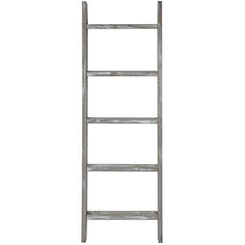 MyGift Gray Washed Wood Decorative Ladder Shelf, 4.5 Foot Wall Leaning Wooden Towel Blanket Ladder Storage Rack for Bathroom or Living Room