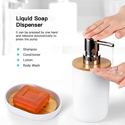Otostar Bamboo Bathroom Accessory Set 6 Piece Bathroom Accessories Set Plastic Gifts Bath Set with Toothbrush Holder Soap Dispenser Qtip Holder Tumbler Soap Dish Toilet Brush Holder Trash Can (White)