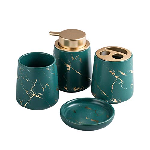 Bathroom Accessories Set ,4 Piece Toothbrush Holder Set Bath Accessories Set with Soap Dispenser, Tumbler, Soap Dish Ceramic Gift Set Luxury Bath Accessory (Dark green(four piece))