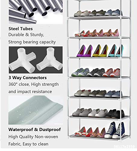 GREEF 10 Tier 30 Pairs Shoe Rack with Dustproof Cover Large Shoe Storage Organizer Cabinet for Closet, Bedroom, Entryway, Hallway, Dorm Room (Grey)