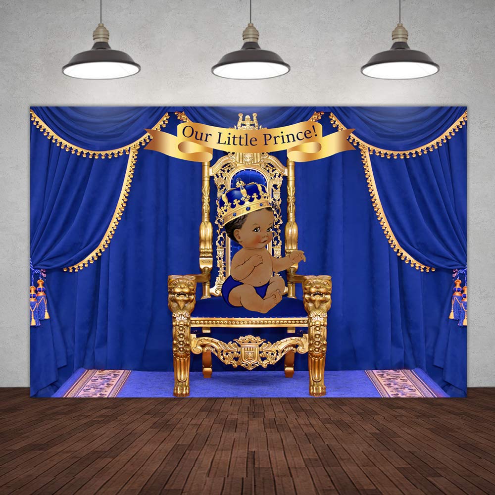 5×3ft Royal Little Prince Boy King Baby Shower Backdrop Blue Curtain Gold Crown Theme Party Banner Decorations Ethnic Black Boys Newborn 1st Birthday Cake Table Supplies Portrait Shooting Photo Props