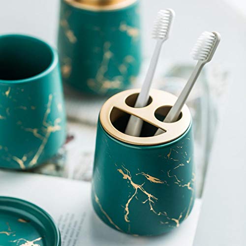 Bathroom Accessories Set ,4 Piece Toothbrush Holder Set Bath Accessories Set with Soap Dispenser, Tumbler, Soap Dish Ceramic Gift Set Luxury Bath Accessory (Dark green(four piece))