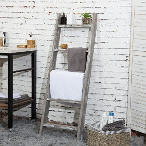 MyGift Gray Washed Wood Decorative Ladder Shelf, 4.5 Foot Wall Leaning Wooden Towel Blanket Ladder Storage Rack for Bathroom or Living Room