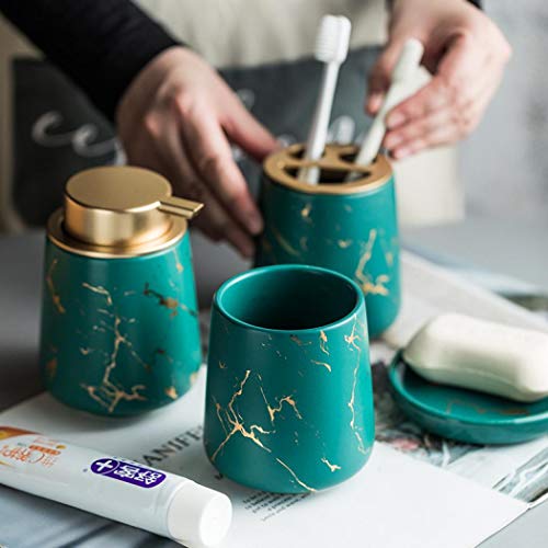 Bathroom Accessories Set ,4 Piece Toothbrush Holder Set Bath Accessories Set with Soap Dispenser, Tumbler, Soap Dish Ceramic Gift Set Luxury Bath Accessory (Dark green(four piece))