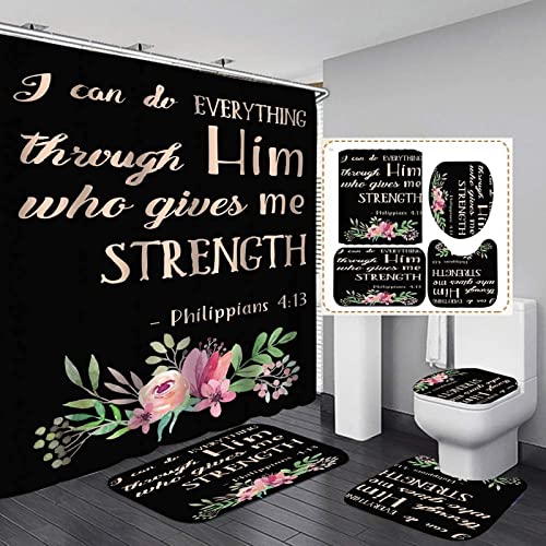 Bathroom Mat Sets 4 Piece with 12 Hook, Colorful Word Letters Print Carpet Doormats Decor Shower Curtain and Rugs Bath Mat for tub Kids Floor, Non-Slip Floral Shower Curtain Bathroom Mat