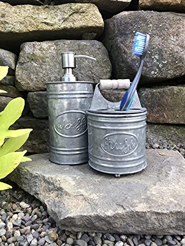 Autumn Alley Rustic Bathroom Accessories Set - Farmhouse Bathroom Soap Dispenser and Toothbrush Holder Set - Western Bathroom Accessories, Farmhouse Decor for Bathroom Countertop, Galvanized Grey