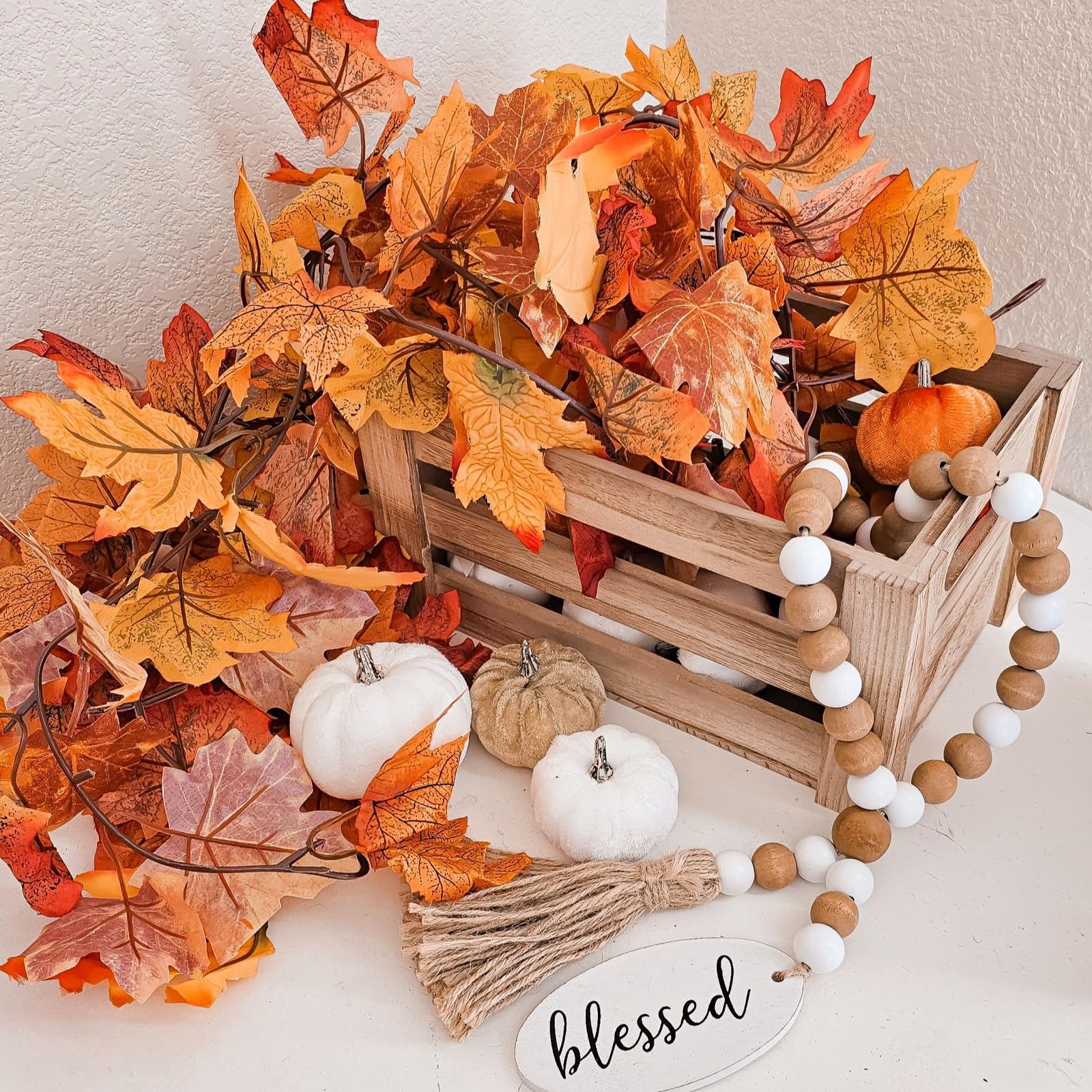CQURE 2 Pack Fall Leaf Garland, Hanging Vines Garland Artificial Fall Maple Leaves Garland Thanksgiving Decor for Home Wedding Fireplace Party