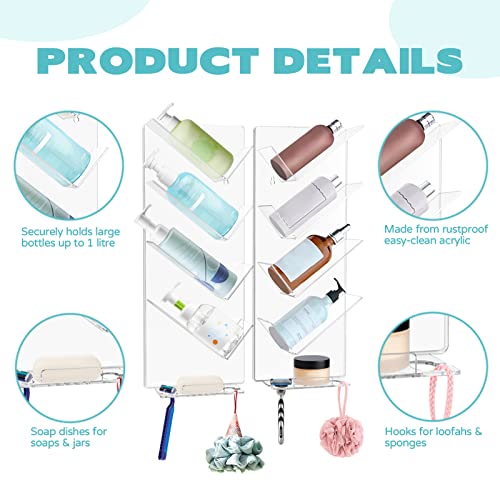 KMOTASUO 2 Pack Acrylic Shower Shelves, Clear Bathroom Shower Caddy Organizer, Wall Mounted Shampoo Holder for Shower, Bath Shelf Storage Rack for Everything Rust Proof No Drilling