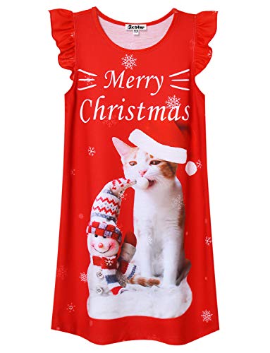 Jxstar Girls Princess Nightgowns Christmas Santa Cat Pajamas Cotton Sleepwear Pjs Dresses,Szie 6 7