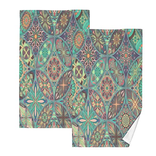 Kigai 2 Piece Vintage Colorful Mandala Hand Towels for Bath Decorative, Pure Cotton Guest Towels Fingertip Towels for Bathroom Spa Gym,16 x 28 inch