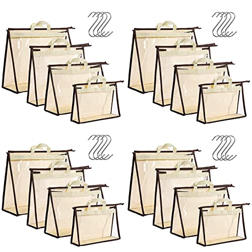 16 Pack Clear Handbag Storage Organizer and 16 Stainless Steel S-Hooks Anti-dust Purse Storage Bags with Zipper and Handle Moisture Proof Dust Cover Organizer Bags for Closet Hanging, 4 Assorted Sizes