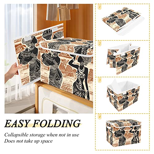 Krafig Art African Girl Foldable Storage Box Large Cube Organizer Bins Containers Baskets with Lids Handles for Closet Organization, Shelves, Clothes, Toys