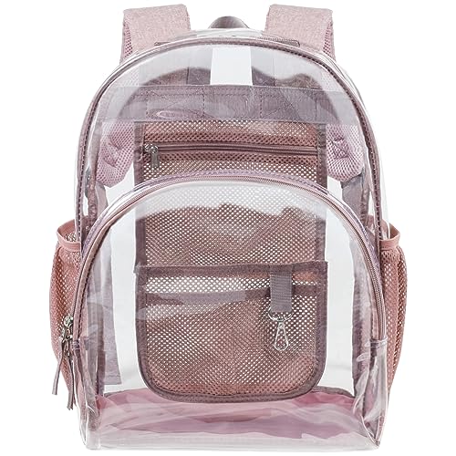 F-color Clear Backpack Heavy Duty - Large Clear Backpacks for School PVC Transparent Bookbag for Students Work Stadium Travel,Pink