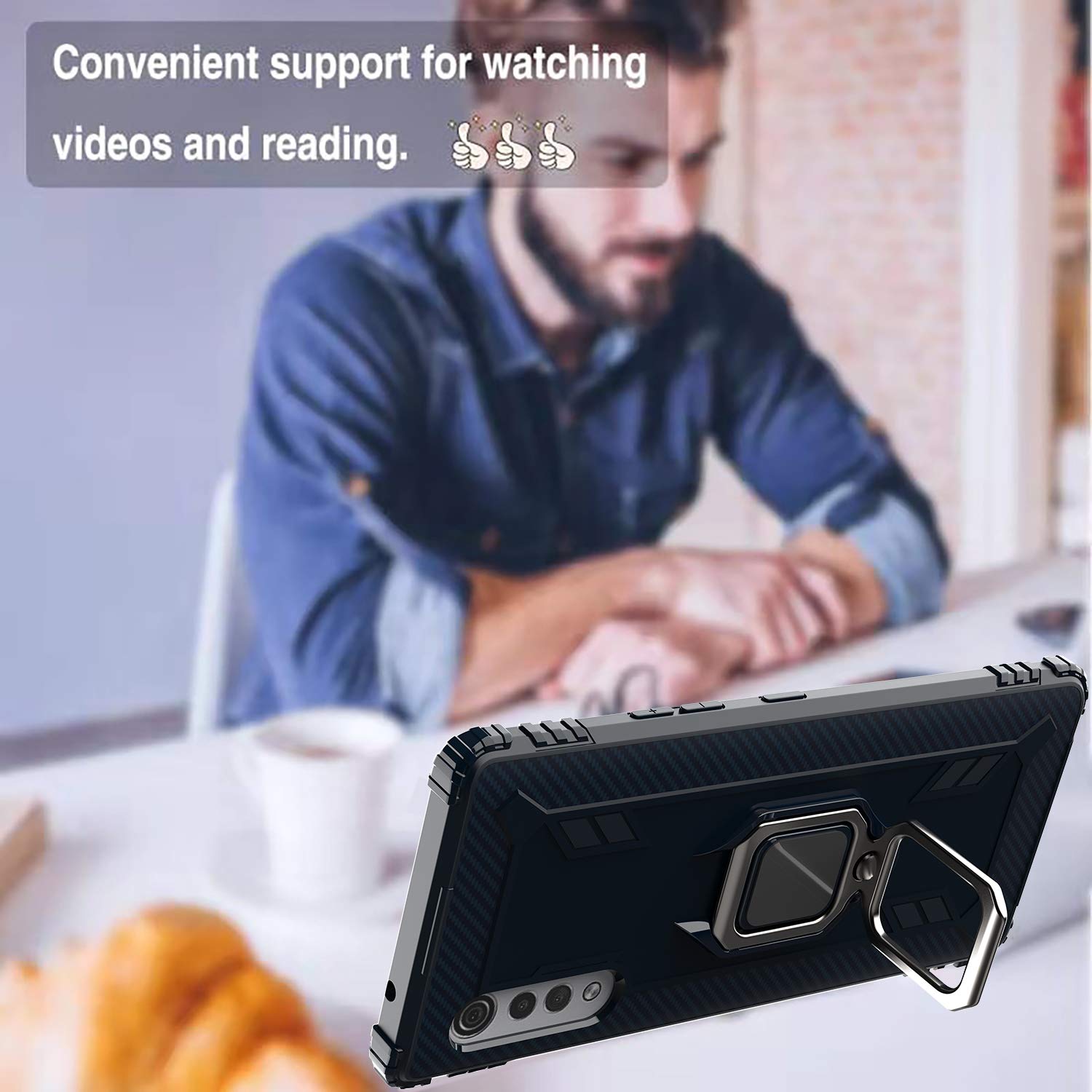 Ranyi Sony Xperia 1 II Case, Carbon Fiber Case with 360 Rotating Ring Holder Kickstand Feature Shock Absorbing Full Body Protection Soft Rubber Silicone Case for Sony Xperia 1 II 6.5" -Blue