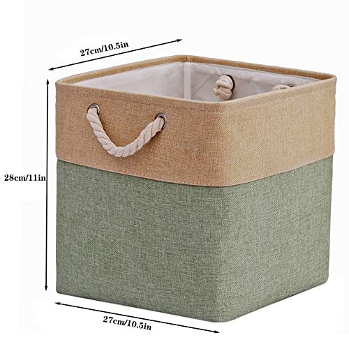 Large Cube Storage Baskets Organizer (10.5" x 10.5" x 11") for Clothes Toys Towel Books, Canvas Fabric Sturdy Collapsible Storage Boxes with Cotton Handles for Closet, Shelves (Green/Brown, 6 Pack)