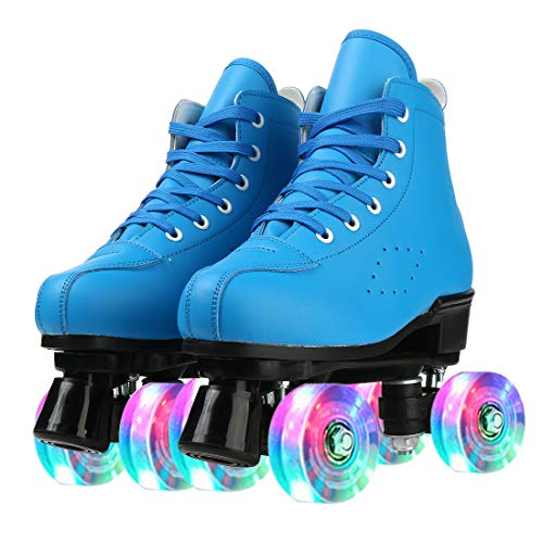 Women's Roller Skates PU Leather High-top Roller Skates Four-Wheel Roller Skates Shiny Roller Skates with Carry Bag for Girls (7, Blue Flash Wheel)