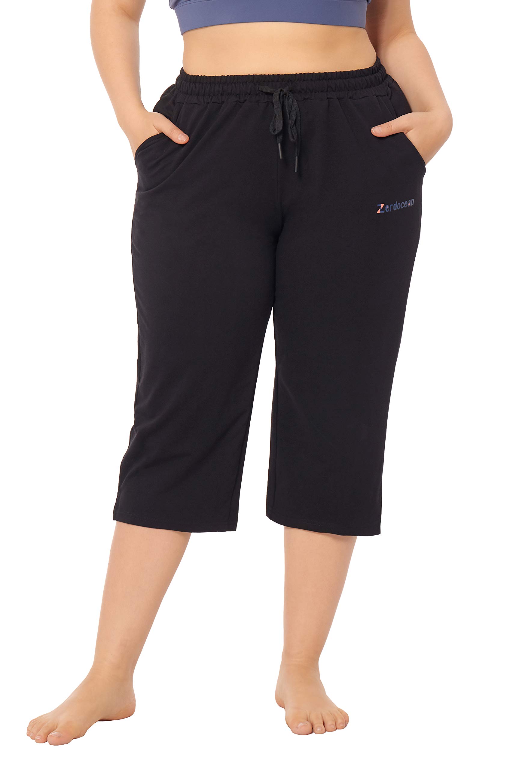 ZERDOCEAN Women's Plus Size Active Yoga Lounge Indoor Jersey Capri Walking Crop Pants with Pockets Drawstring Black 4X