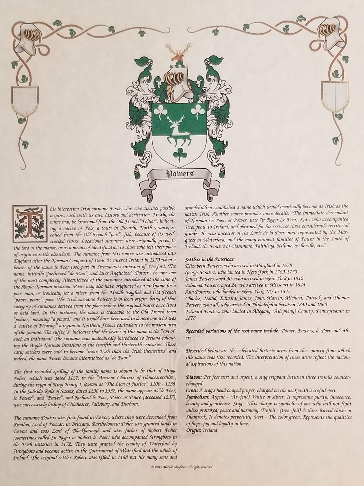 Mr Sweets Fiocchi - Coat of Arms, Crest & History 3 Print Combo - Surname Origin: Italian Italy