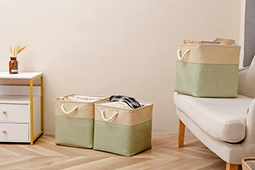 Large Cube Storage Baskets Organizer (10.5" x 10.5" x 11") for Clothes Toys Towel Books, Canvas Fabric Sturdy Collapsible Storage Boxes with Cotton Handles for Closet, Shelves (Green/Brown, 6 Pack)